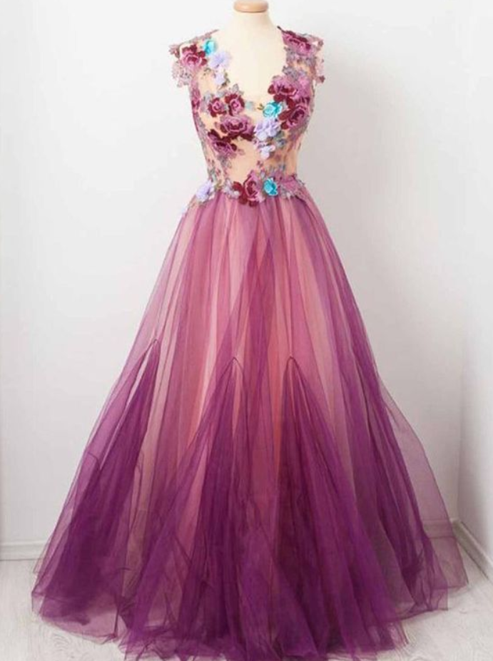 Chic A-line V Neck Fuchsia Prom Dress With Floral Prom Dresses Long ...