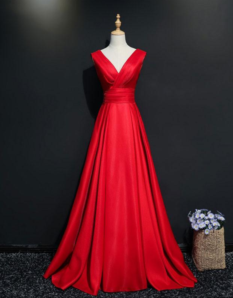 Simple Red V Neck Long Prom Dress, Red Evening Dress on Luulla