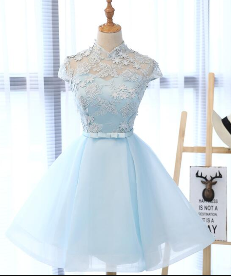 Light Blue Cute Tulle With Lace Short Party Dress, Blue Homecoing Dress ...