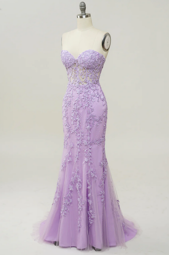 Elegant Strapless Applique Tulle Formal Prom Dress, Beautiful Long Prom ...
