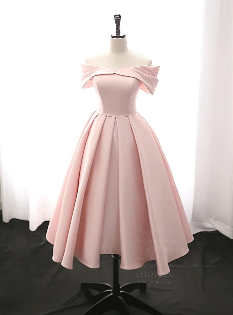 A-line Off Shoulder Satin Tea Length Pink Prom Dress, Pink Formal Dress ...