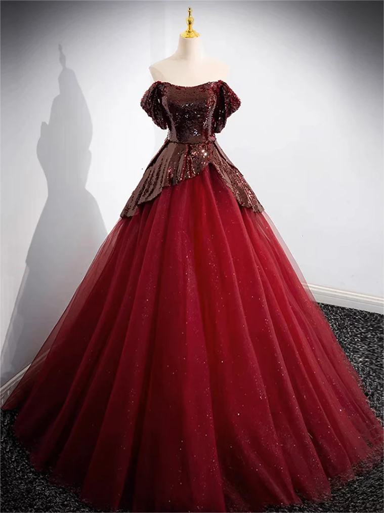 Long Prom Dress , A-line Tulle Sequin Burgundy Long Prom Dress, Off ...