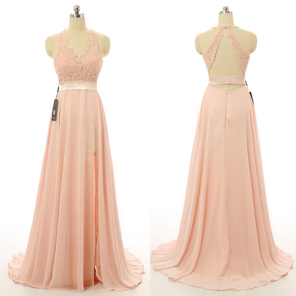 Halter Neckline Lace Slit Prom Dress,open Back Party Dress,keyhole Back ...