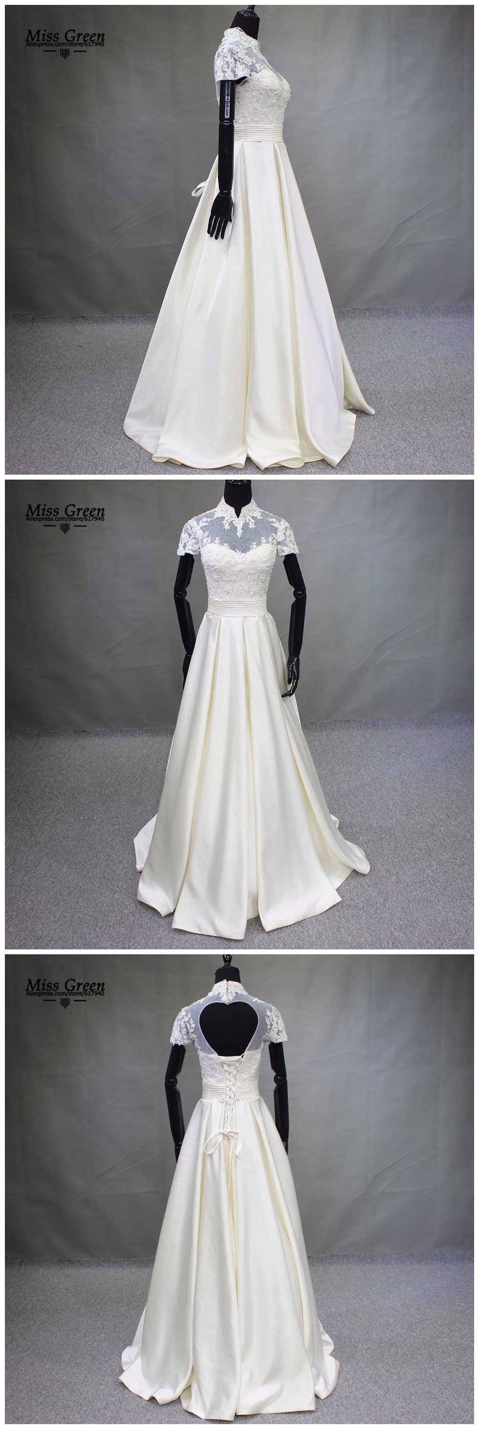 Sheer High Neckline Stain Short Wedding Dress Real Photo Lace Beaded ...