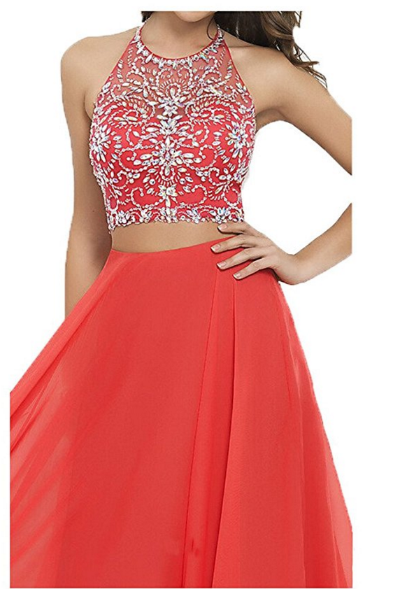 Two Pieces Halter Prom Dress Chiffon Beaded Evening Dress on Luulla