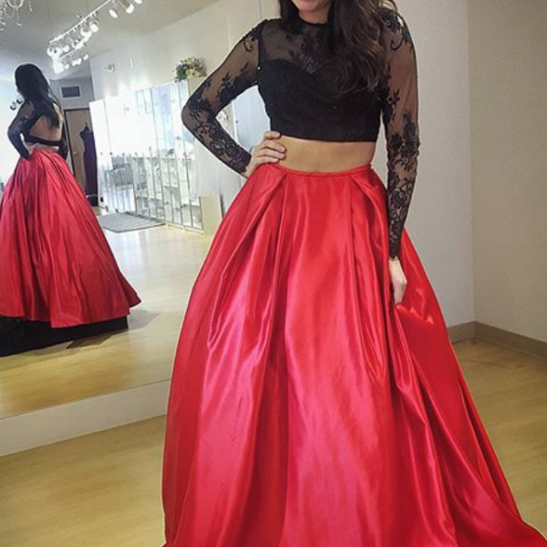 Long Sleeve Red Two Piece Lace Satin Keyhole Scoop Backless Black And ...