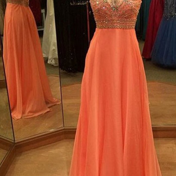 Orange Chiffon See-through Beading Rhinestone A-line Long Evening ...