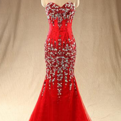 Red Model Beaded Mermaid Dress Fashion Slim Package Hip Dance Party ...