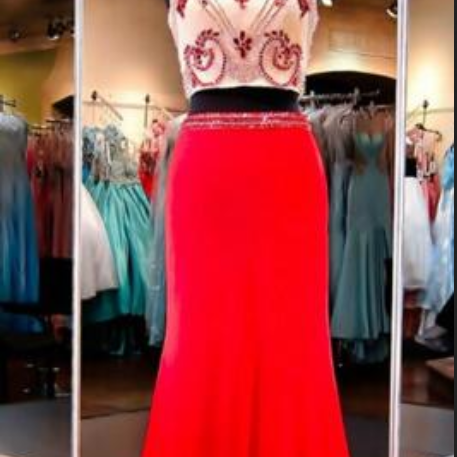 Turtleneck Two Piece Prom Dresses Beading Open Back Long Dresses on Luulla