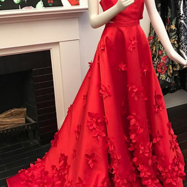Halter Low Back Red Prom Dress With Petals Evening Dresses on Luulla