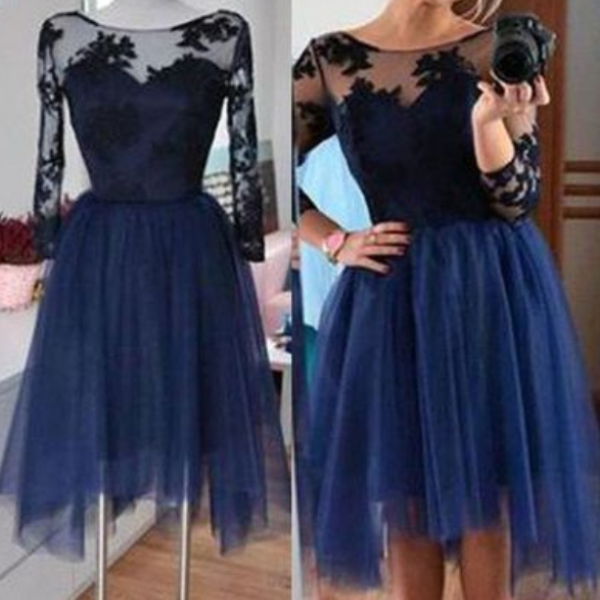 Navy Homecoming Dresses,3/4 Sleeves Short Prom Dresses,simple Party ...