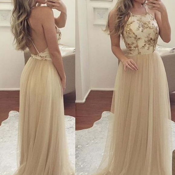 Beautiful Creamy Lace Tulle Prom Dress, Ball Gown, Backless Formal ...