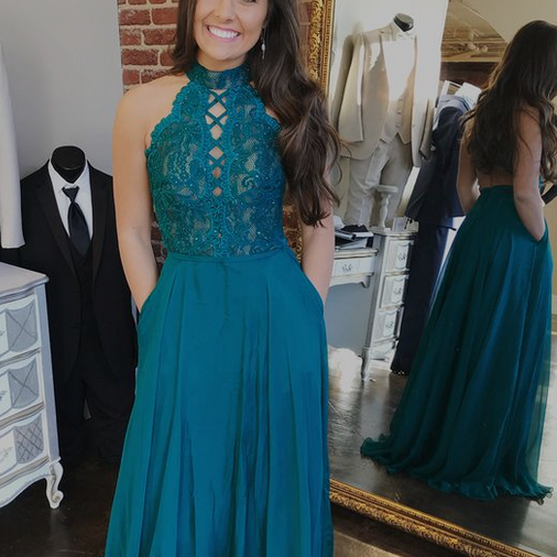 Gorgeous High Neck Blue Long Prom Dress With Pockets, Evening Dresses ...