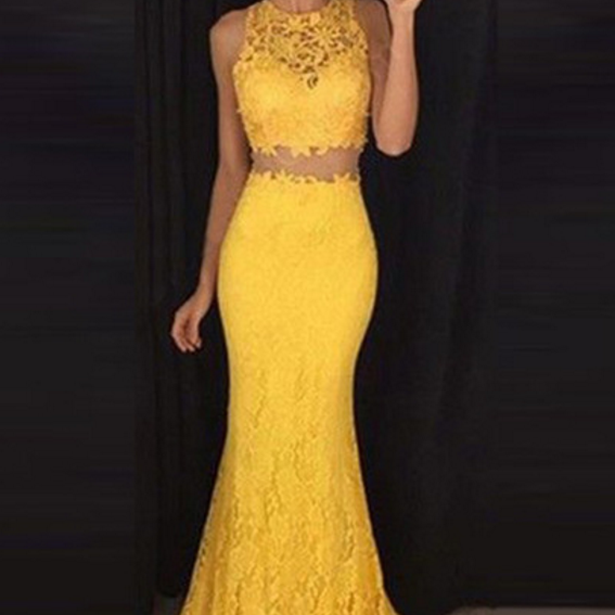 Two Pieces Yellow Lace Evening Prom Dresses, Long Prom Dress, Custom ...