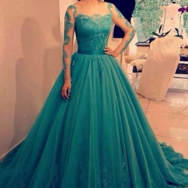 Long Prom Dress , Green Long Sleeves Prom Dress , O Neck Ball Gown Lace ...