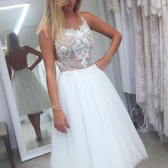 White Tulle Lace Short Prom Dress Backless White Homecoming Dress on Luulla