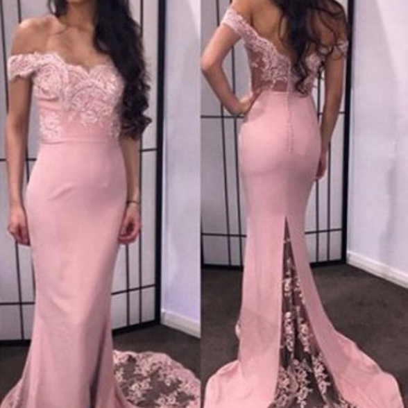 Pink Lace Mermaid Evening Dresses Off The Shoulder Slim Formal Gowns On