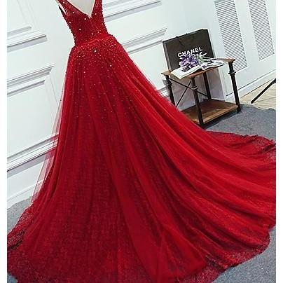 Red Prom Dress, Red Wedding Dress, Lace Prom Dress, Red Formal Dresses ...