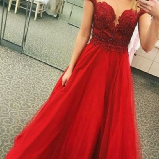 A-line Off-the-shoulder Floor-length Red Prom Dress With Appliques ...