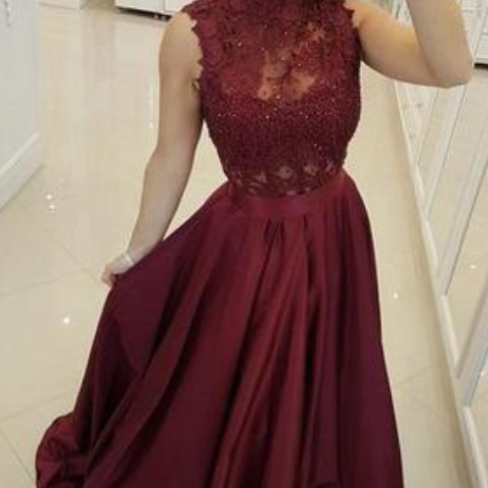 Dark Red High Neck Sleeveless Long Prom Dresses With Lace, A Line ...