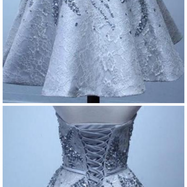 Silver Strapless Lace Short Homecoming Dresses,beaded Cocktail Dresses ...