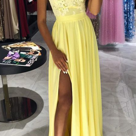 Yellow Lace Appliques Long Chiffon Prom Dresses Leg Slit Evening Gowns ...