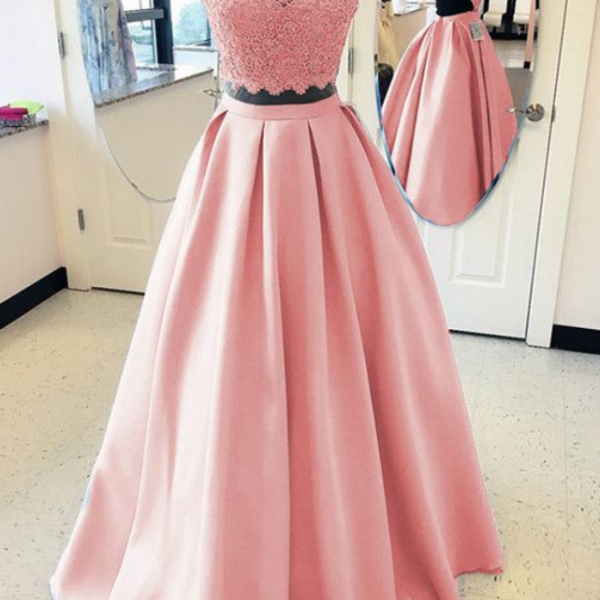 Elegant A-line High Neck Open Back Satin Prom Dresses, Two Piece ...