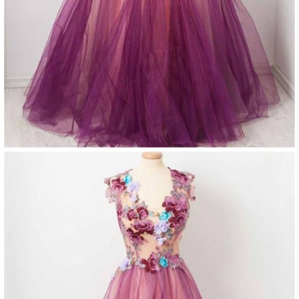 Chic A-line V Neck Fuchsia Prom Dress With Floral Prom Dresses Long ...