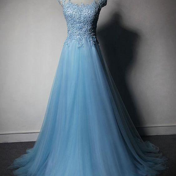 Pretty Light Blue Tulle Long Prom Dress 2017 With Lace Applique And ...