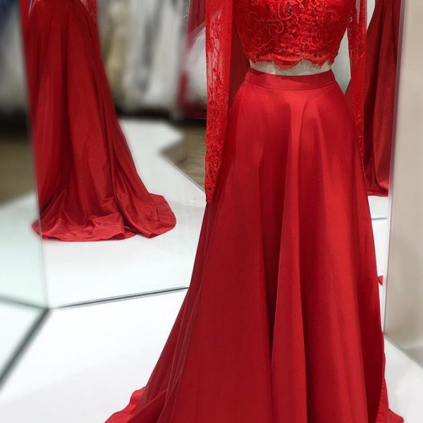 Red Lace 2 Pieces Long Sleeves Prom Dresses,lace Prom Gowns,elegant ...