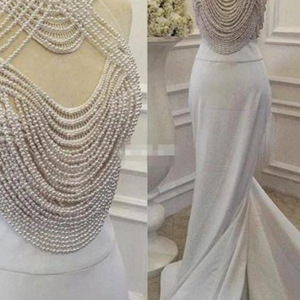 2017 Fashion Heavy Pearls Mermaid Prom Dress Real Picture High Neck ...