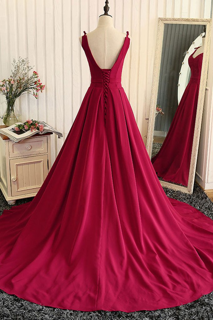 Dark Red V Neck Satin Long Prom Dress, Red Evening Dress on Luulla