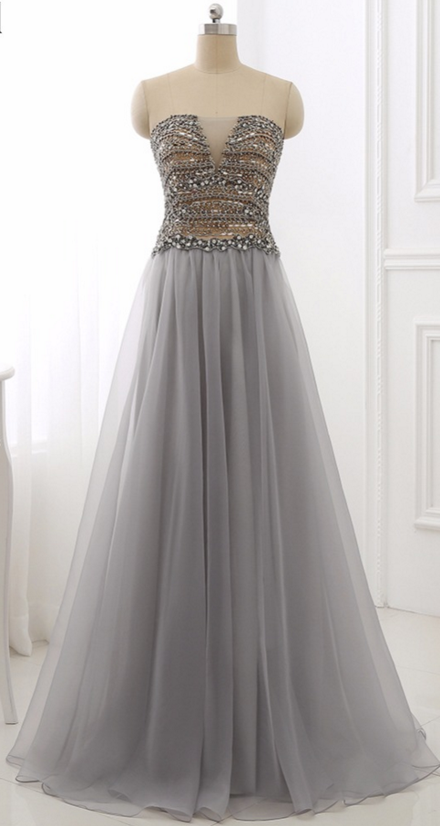 A Line Chiffon Beading Gray Evening Dress Strapless Off The Shoulder ...