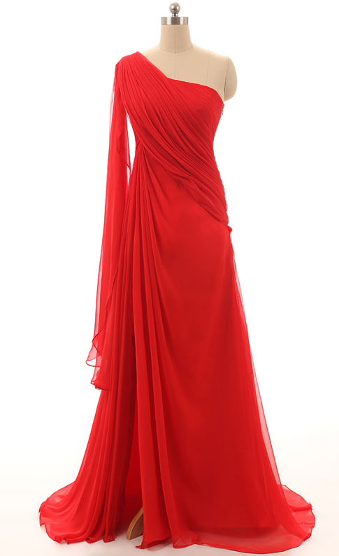 Red One Shoulder Flowy Chiffon Pleated A Line Floor Length Elegant ...