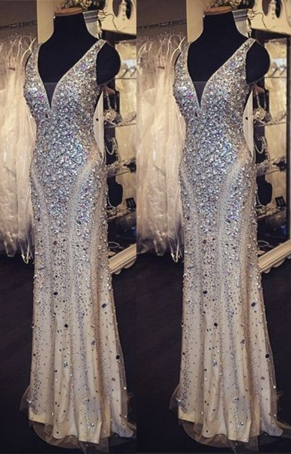 Sequin Shiny Long Beading Prom Dresses,v-neck Prom Dress, Prom Dress on ...