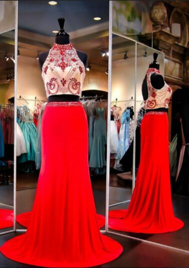 Turtleneck Two Piece Prom Dresses Beading Open Back Long Dresses on Luulla