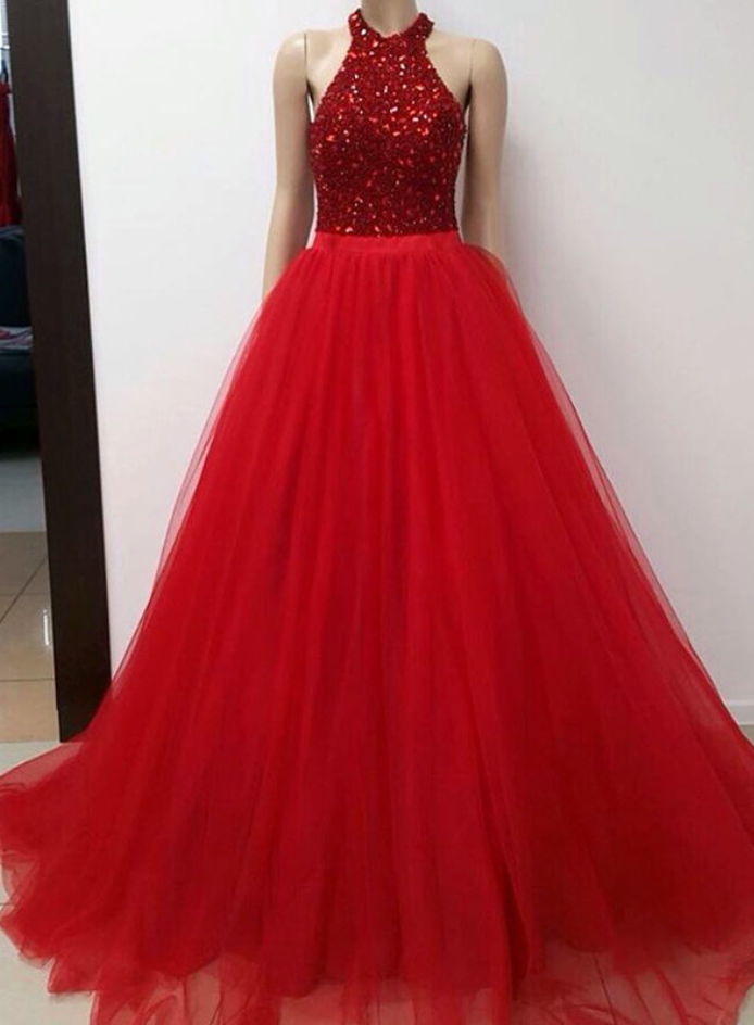 Halter Long Red Prom Dress With Beads on Luulla