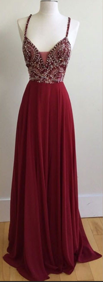 Dark Red Beaded Long Prom Dress on Luulla