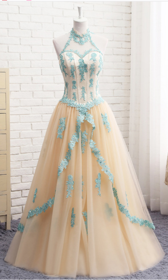 High Neck Blue Floral Lace Long Champagne Tulle Prom Dress, Evening ...