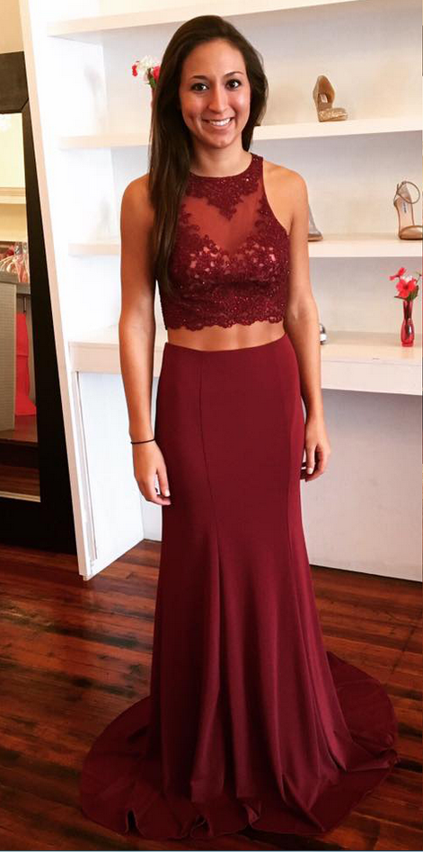 Charming Prom Dress, A Line Two Piece Prom Dresses, Burgundy Lace Long ...