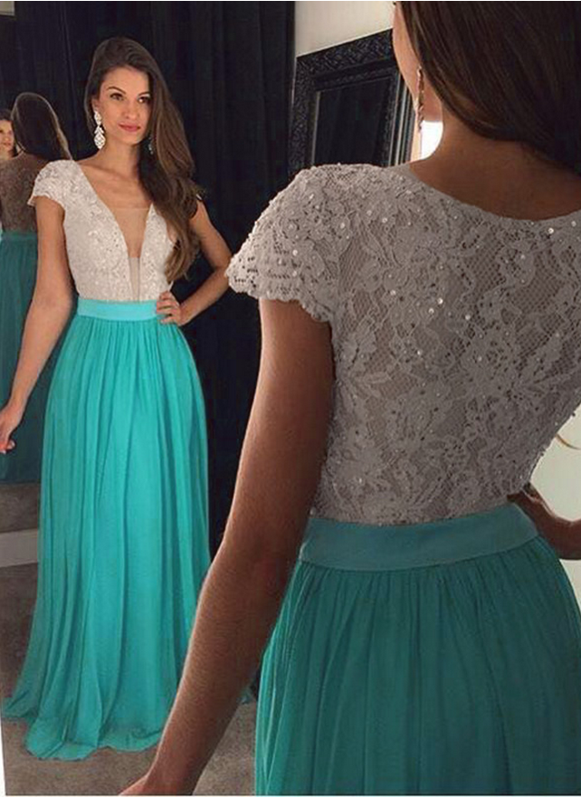 Cap Sleeve Elegant Prom Dress, Lace Beaded Prom Dress, Turquoise Blue ...