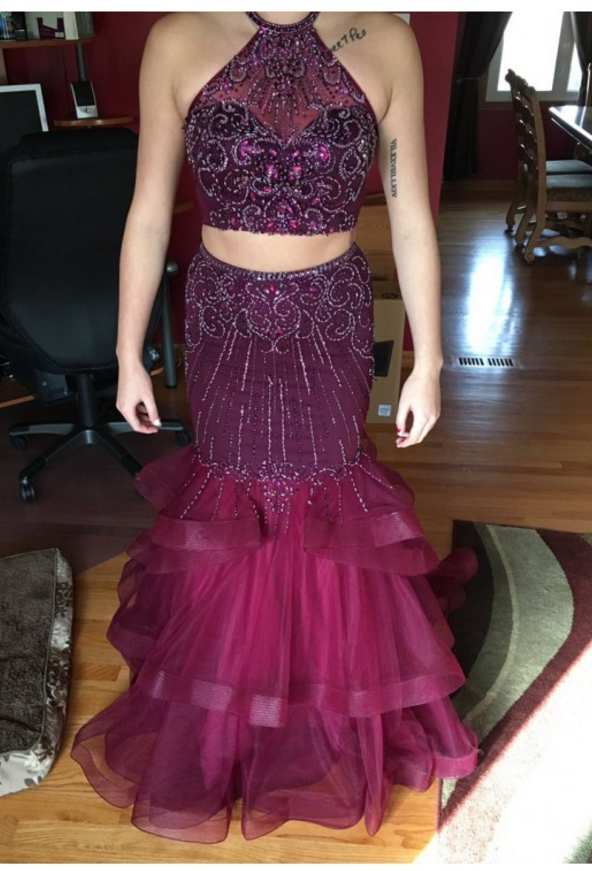Sexy Mermaid Prom Dress,halter Criss-cross Tiered Long Fuchsia Prom ...