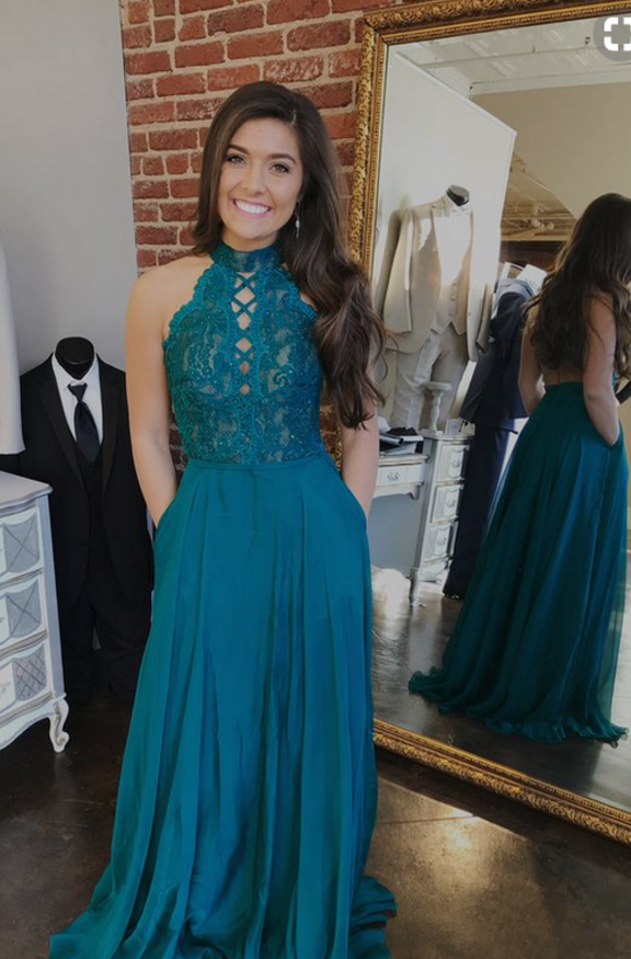 Gorgeous High Neck Blue Long Prom Dress With Pockets, Evening Dresses ...