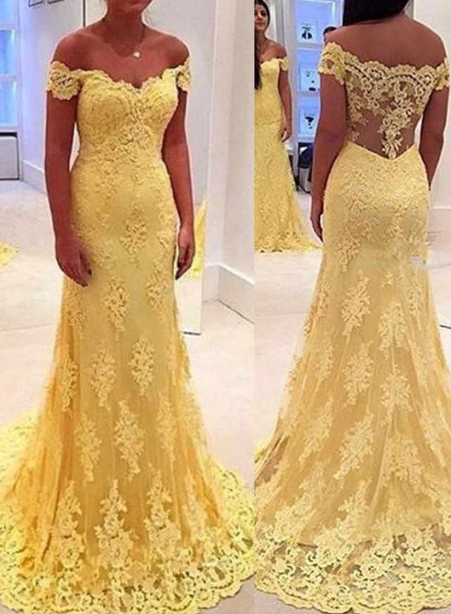 Sexy Prom Dress, Yellow Lace Prom Dresses,vintage Mermaid Off-shoulder ...