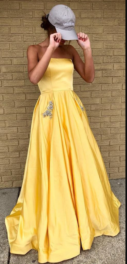 Strapless Yellow Long Homecoming Dress Prom Dress, Elegant Long Prom ...