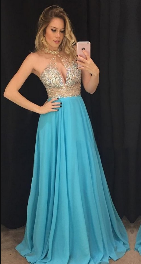 Blue Prom Dress, Beaded Prom Dress, Halter Prom Dress, Backless Prom ...