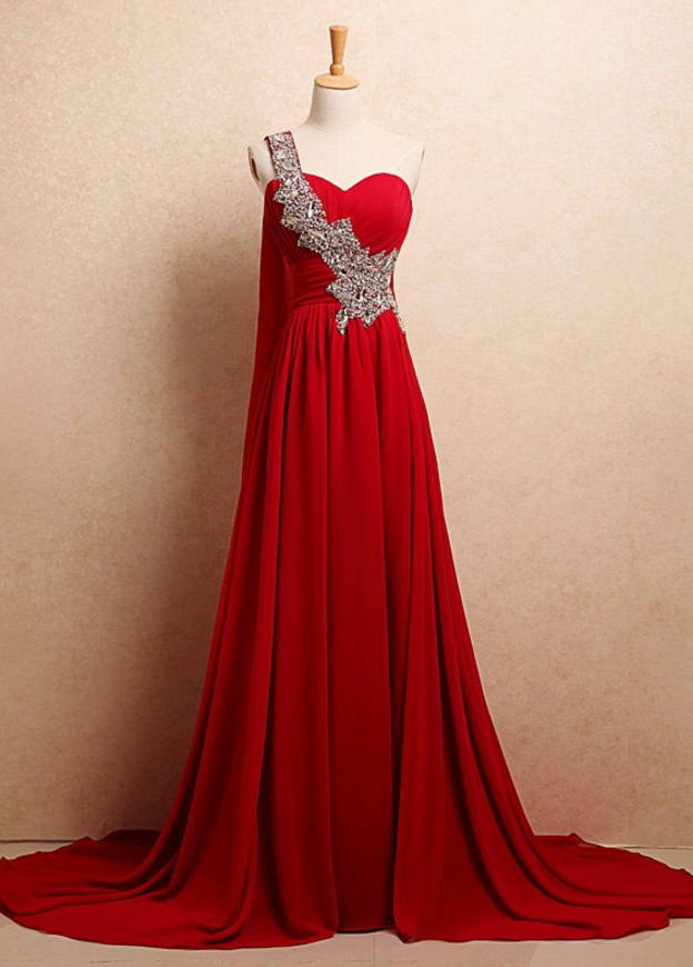 High Quality One Shoulder Sweep Train Red Ruched Prom Dress With ...