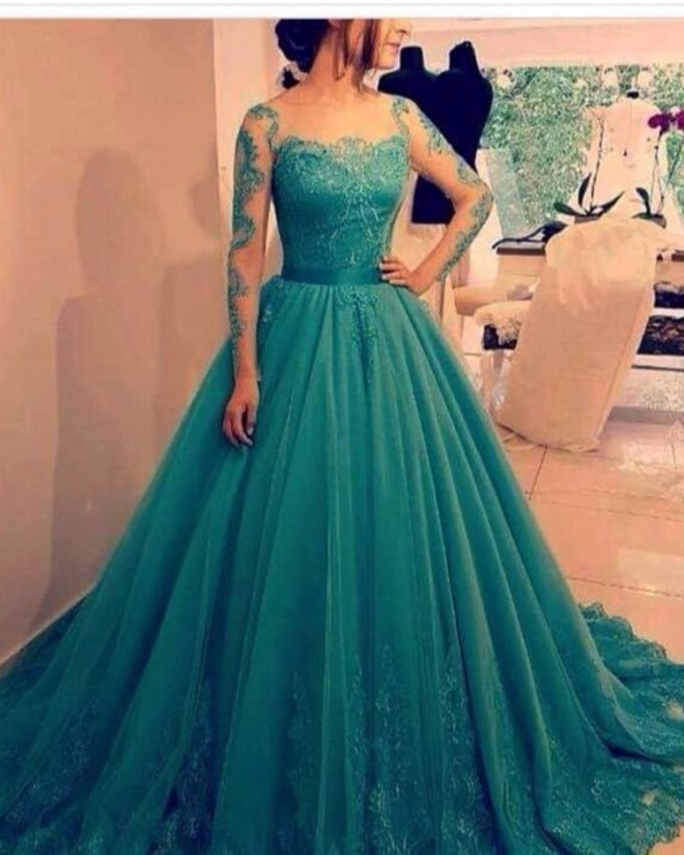 Long Prom Dress , Green Long Sleeves Prom Dress , O Neck Ball Gown Lace ...
