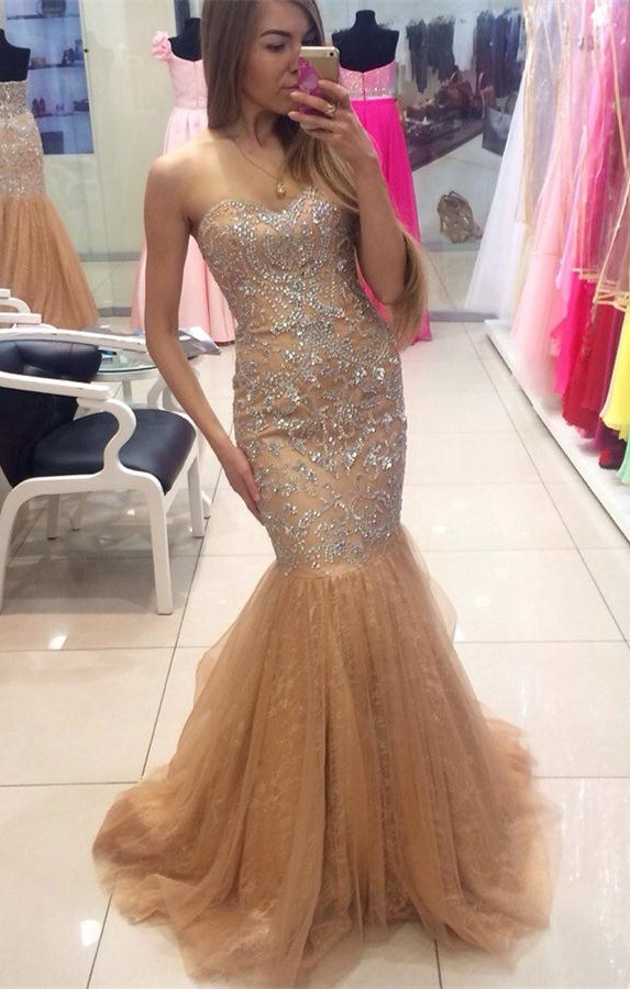 Sweetheart Rhinestone Prom Dresses, Long Mermaid Prom Dresses, Tulle ...