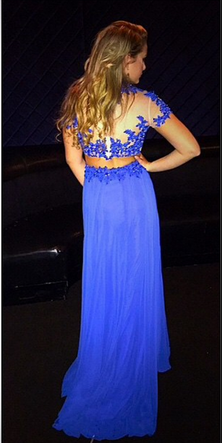 Custom Royal Blue Prom Dresses With Short Sleeves, Elegant Chiffon Prom ...
